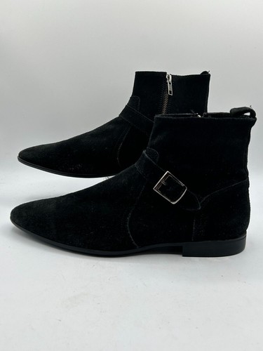 Men's Ankle Chelsea Boot Sz 8 Black Side Zip Mock Strap Pointed Toe ...