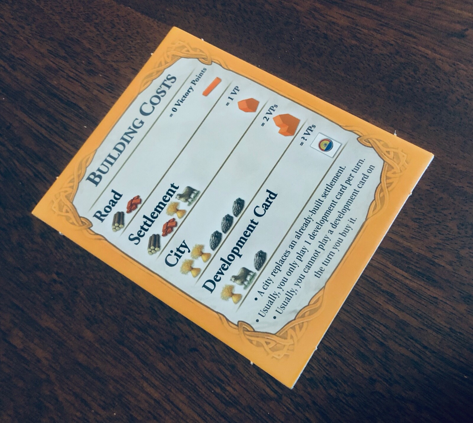 Catan (Orange Player Building Costs Card) Official Extra/Replacement ...