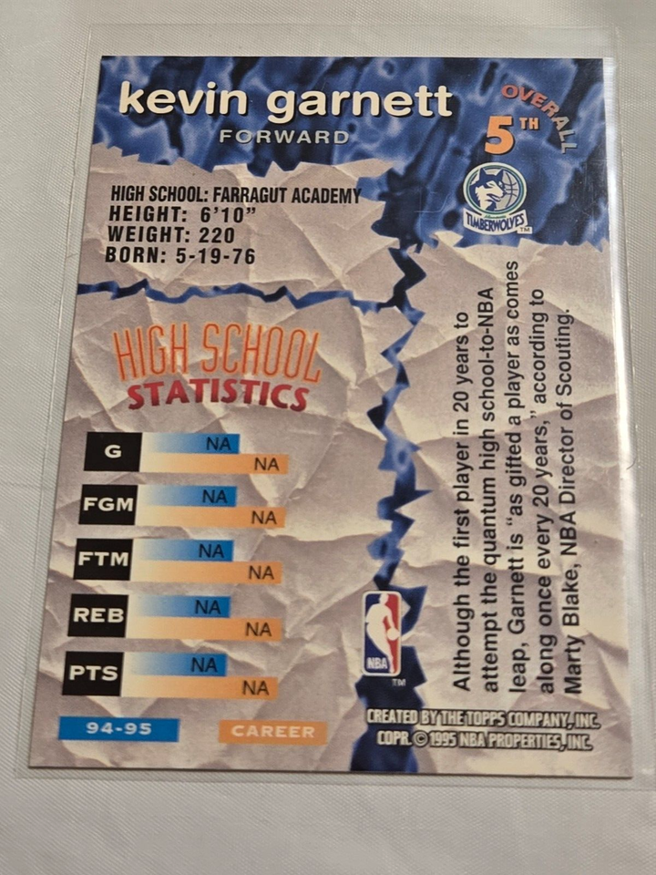 1995 Topps Stadium Club Kevin Garnett NBA Draft Pick ROOKIE Basketball ...