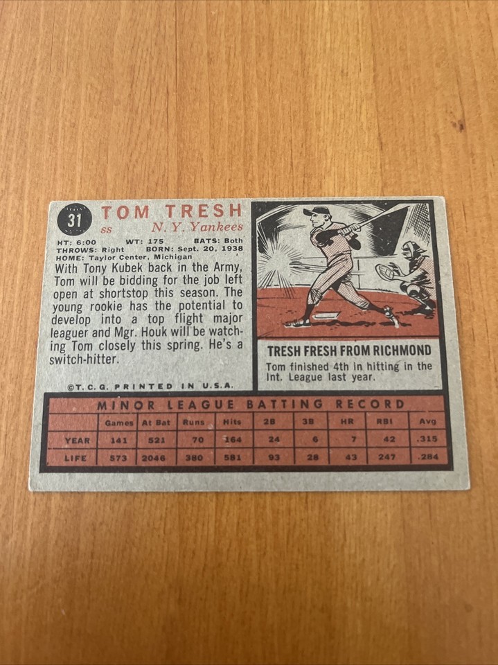 1962 Topps #31 Baseball Card New York Yankees Tom Tresh RC VG | eBay