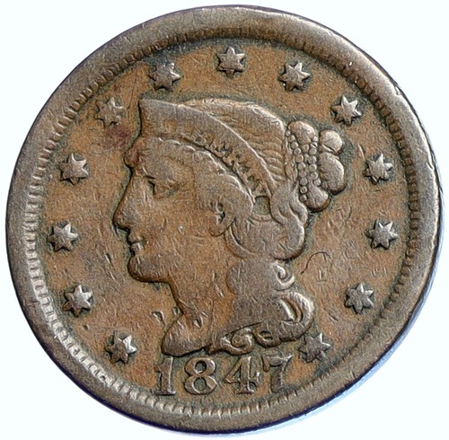 1847 USA United States of America LIBERTY Head Wreath LARGE CENT Coin ...