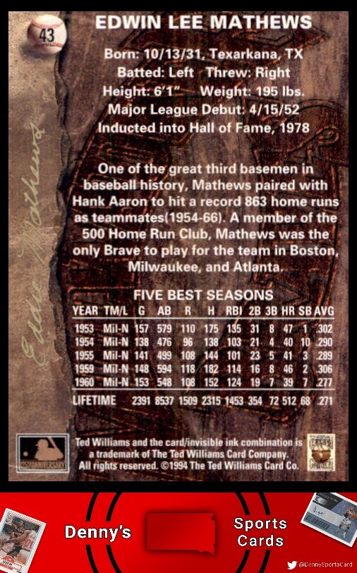 1994 Ted Williams #43 Eddie Mathews Milwaukee Braves Baseball Card | eBay