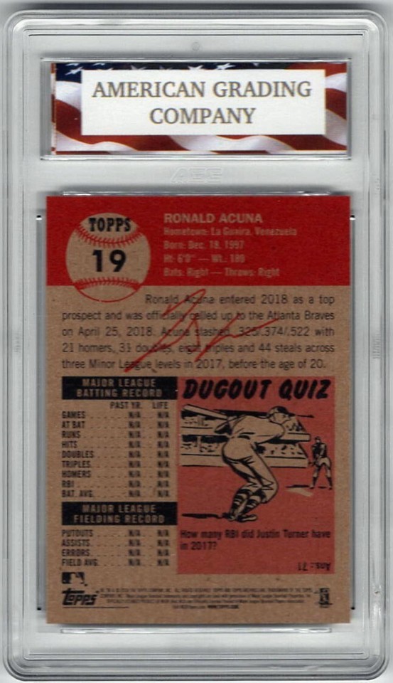 2018 Topps Living #19 Ronald Acuna Rookie Card AGC 10 Gem Mint Atlanta ...