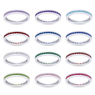 2mm Stackable Eternity Band Ring Birthstones Simulated Gemstone 925 ...