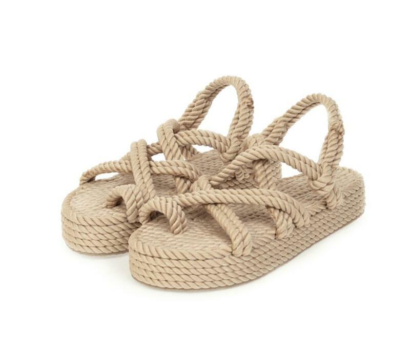 Women Hemp Rope Sandals Female Summer Beach Flat Straw Woven Linen ...