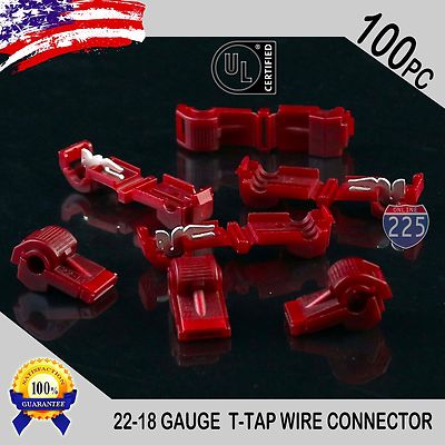 100 Pack T-Taps Red 22-18 AWG Gauge Quick Slide Connectors Car Audio ...
