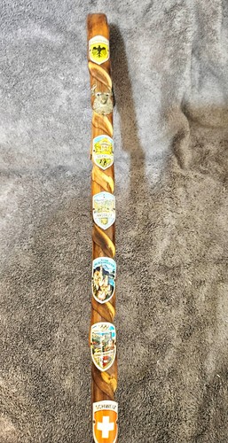 Vtg German WALKING STICK Cane Hiking Souvenir Tourist Badges 36” Carved ...