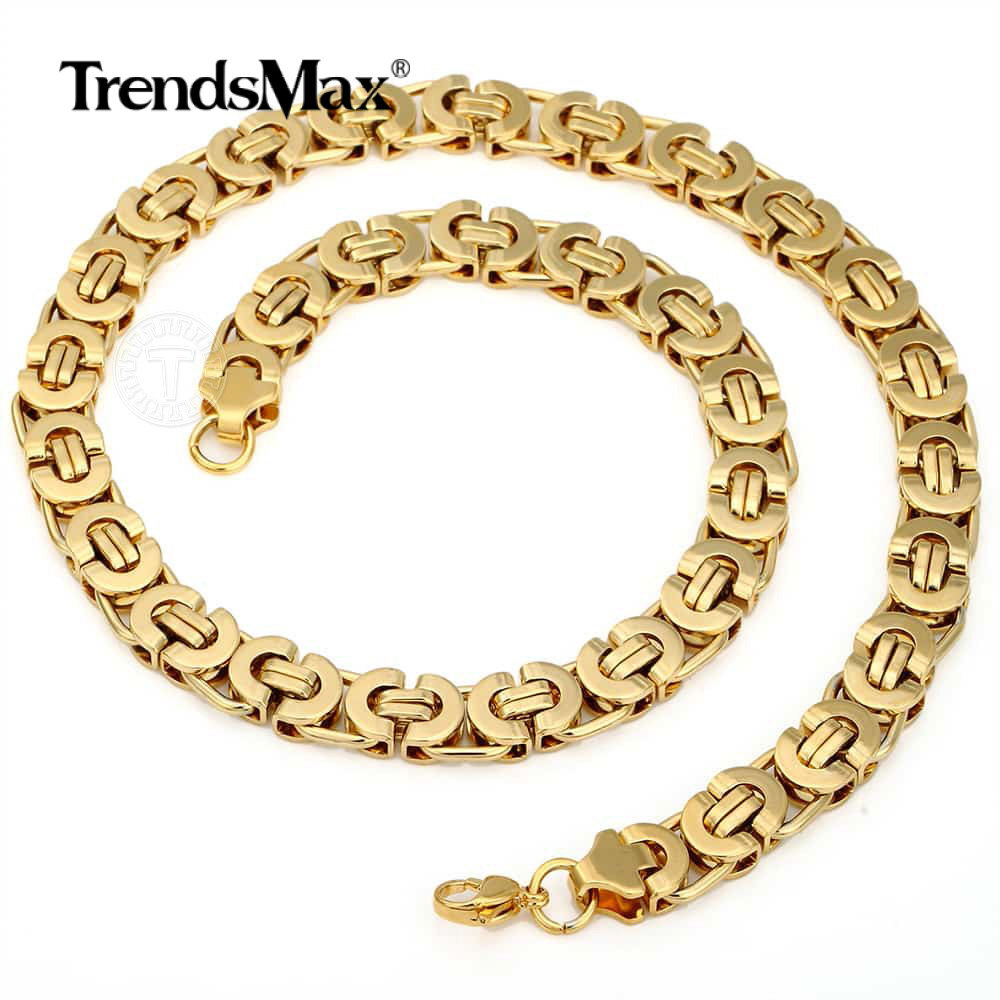 11MM 24" Mens Gold Plated Popular Flat Byzantine Stainless Steel ...