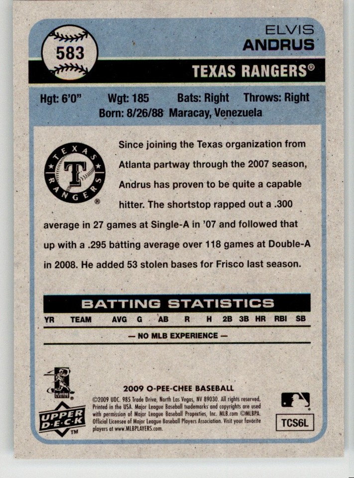 Elvis Andrus 2009 O-Pee-Chee 583 Texas Rangers Rookie | eBay