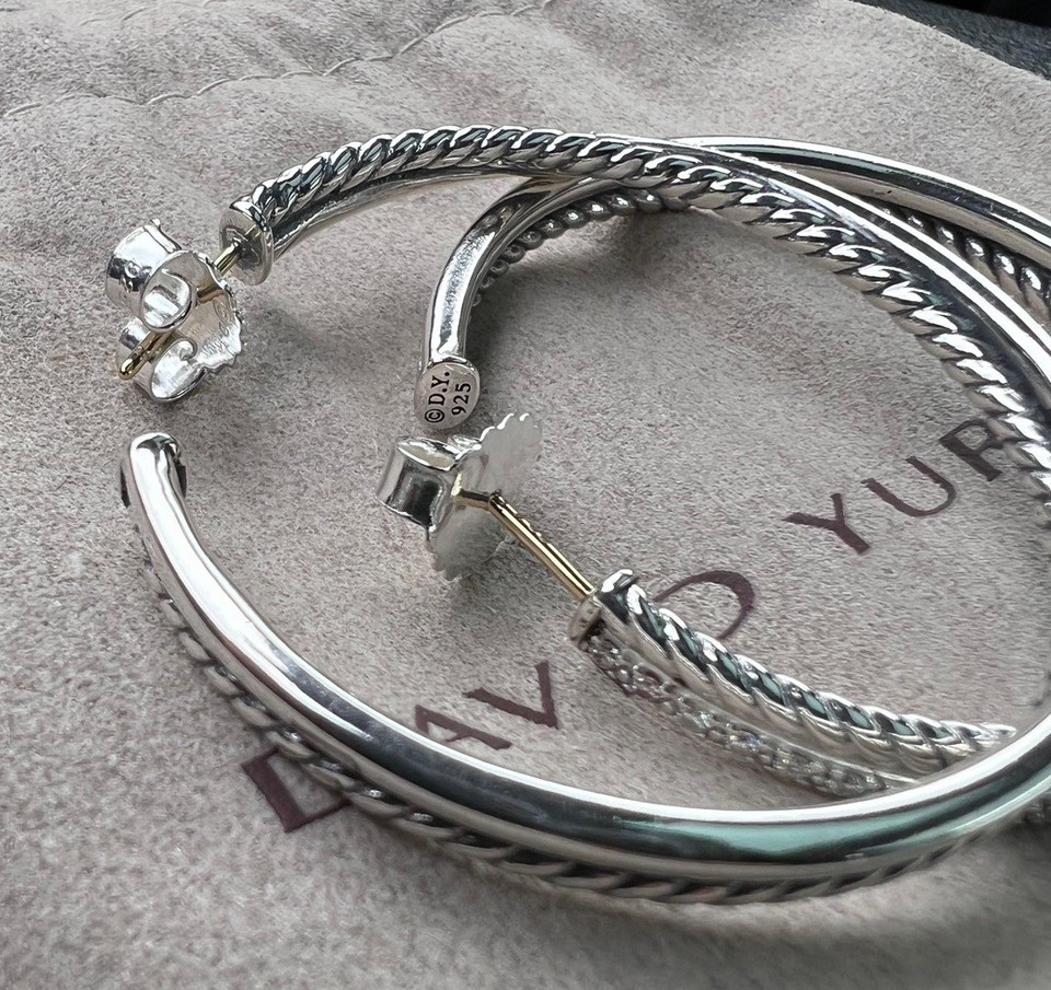 David.Yurman Sterling Silver 44mm XL Large CROSSOVER Pave DIAMONDS Hoop ...