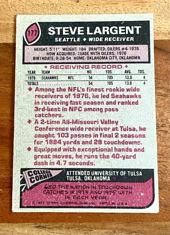 1977 Topps Steve Largent SIGNED #177 Rookie Card HOF AUTO Seattle ...