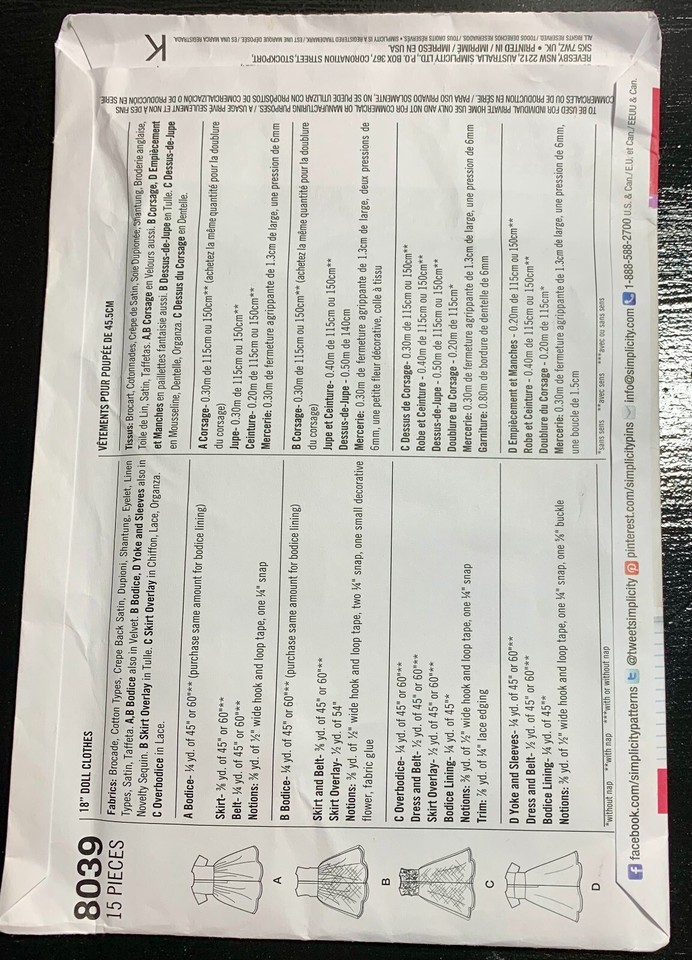 Simplicity 8039 American Girl 18" Doll Clothes Sewing Craft Pattern | eBay