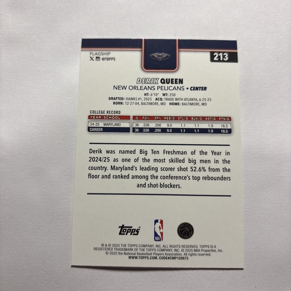 2025-26 Topps Basketball Derek Queen RC New Orleans Pelicans #213 | eBay