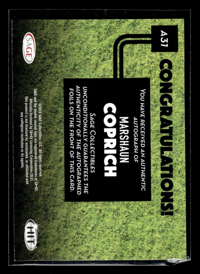 2016 SAGE HIT #A31 Marshaun Coprich Autographs Illinois State Redbirds ...