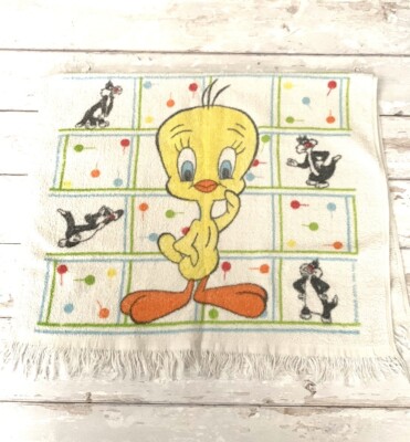 Vintage Tweety Bird Sylvester Towel with Fringe White Looney Tunes Kids ...