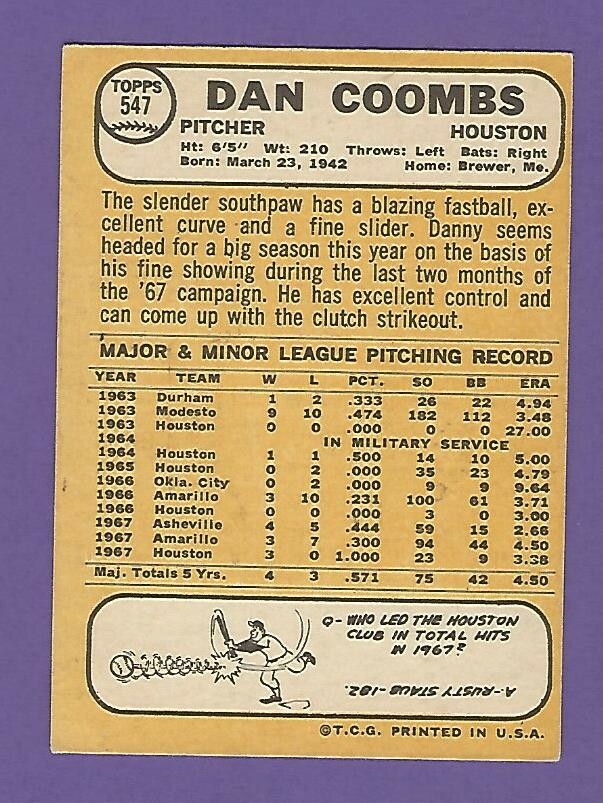 1968 Topps - #547 Dan Coombs - Houston Astros - Ex CENTERED | eBay
