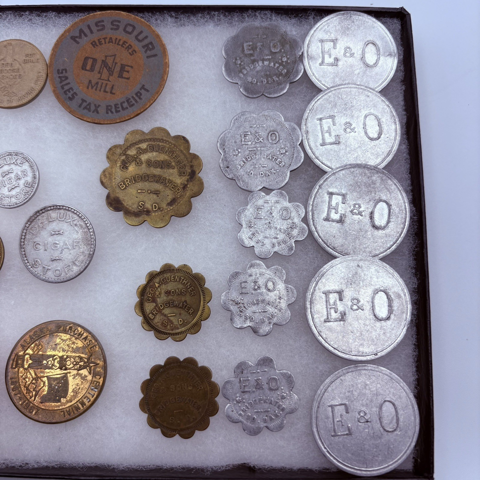 23 Antique US Trade Tokens Lot Scrip Tax Company Store Cigar Bread SD ...