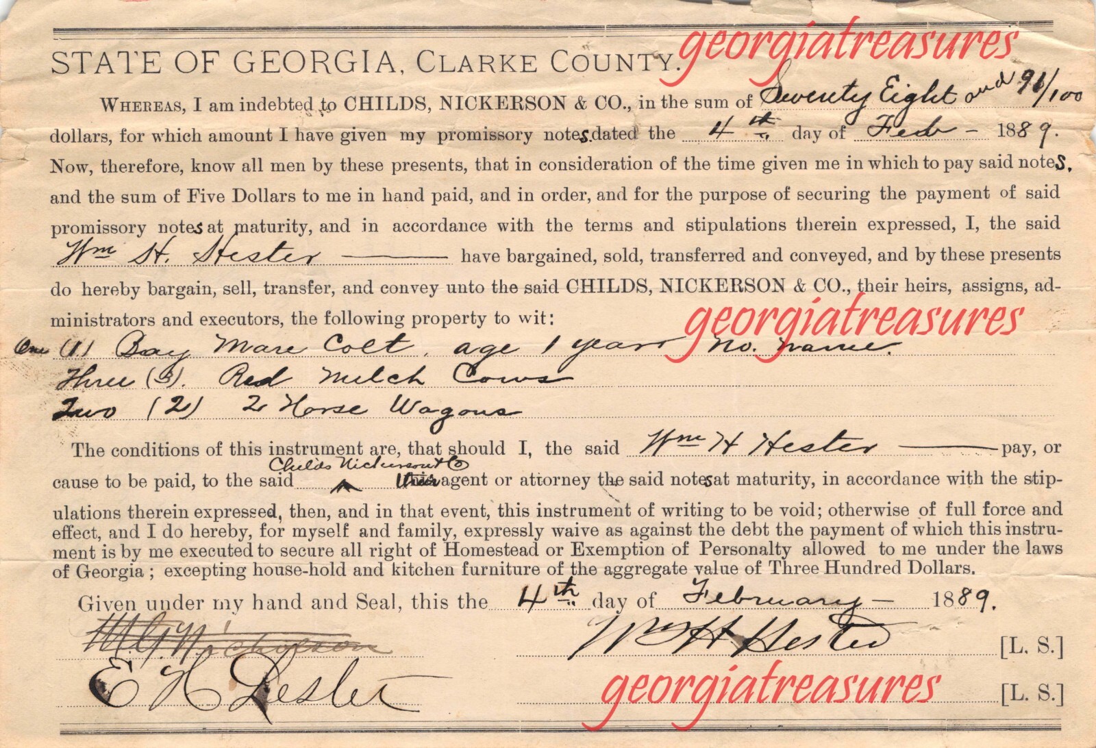 GA~GEORGIA~ATHENS~1889 WILLIAM HESTER PROMISSORY NOTE TO CHILDS ...