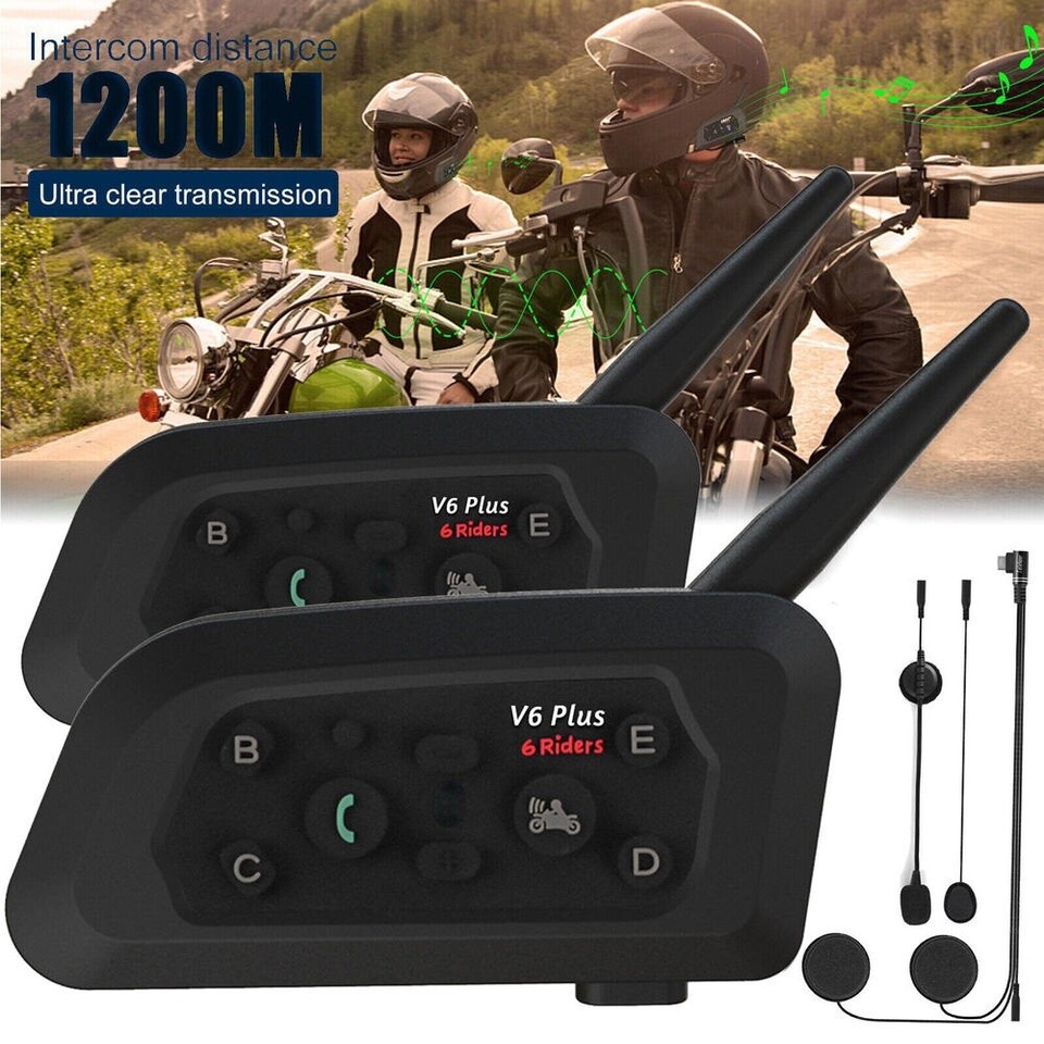 2x 1200M Bluetooth Motorcycle Intercom 6 Riders Communication BT Helmet ...