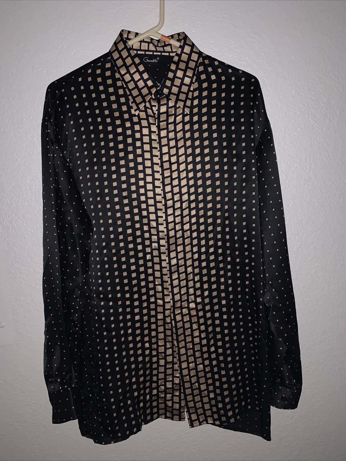 VINTAGE MENS GENELLI SILK SHIRT LONG SLEEVE GEOMETRIC… - Gem