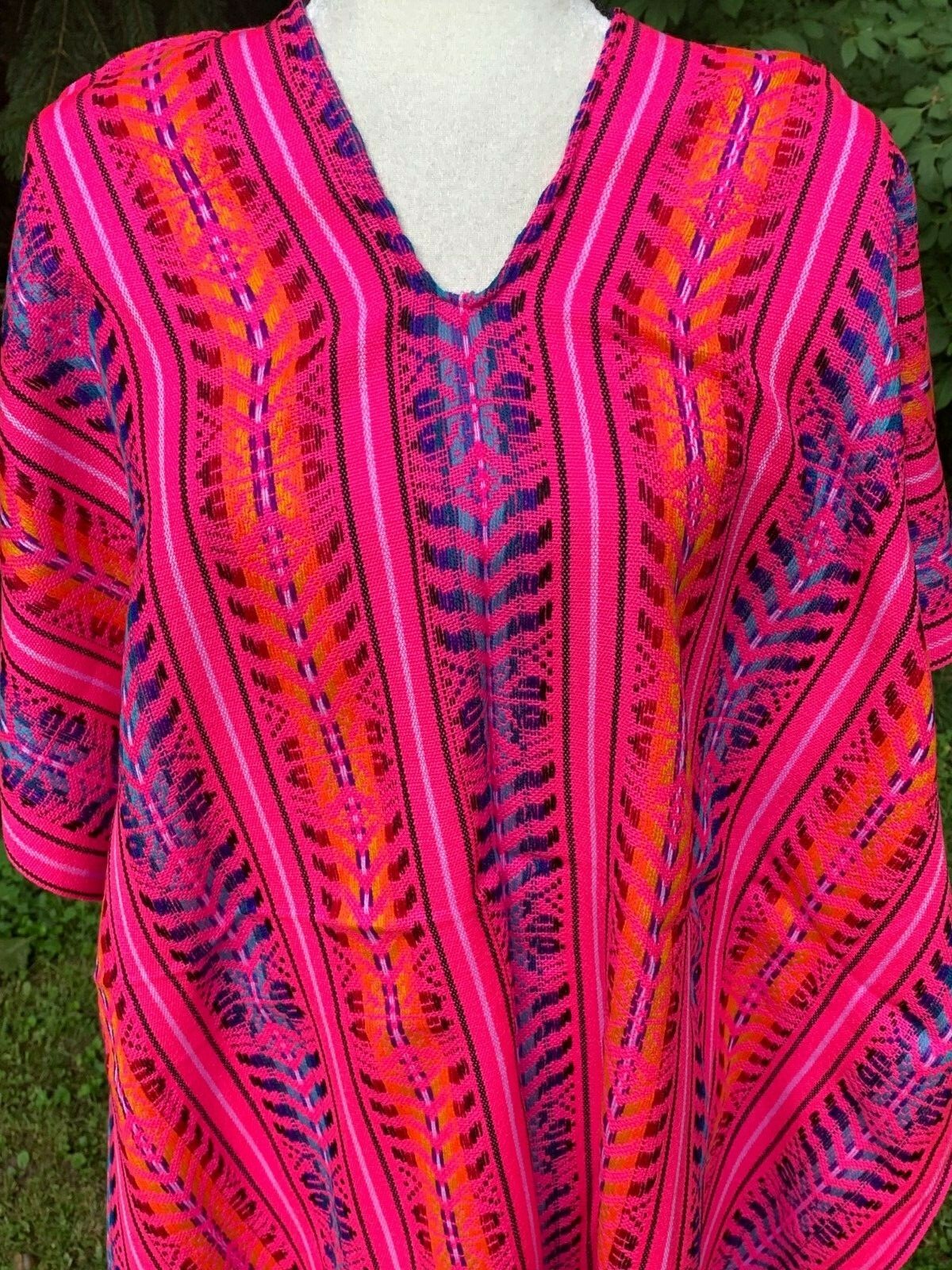 Fringed Gaban Poncho Woven Maya Pattern 6x2.75 Mexican Pink Rainbow ...