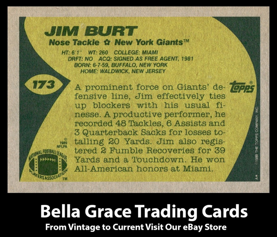1989 Topps Jim Burt #173 New York Giants NFL Football | eBay