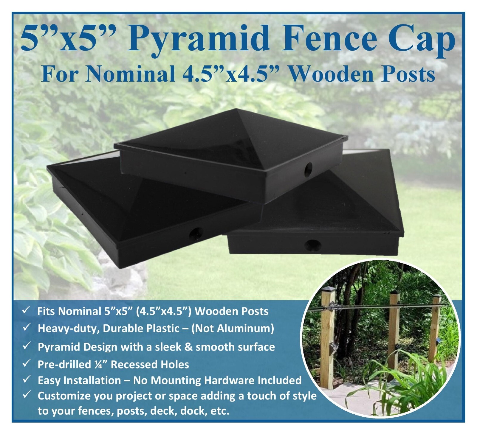 5x5 Nominal (4-1/2"x4-1/2") White Plastic Pyramid Fence Cap 8, 16, 24 ...