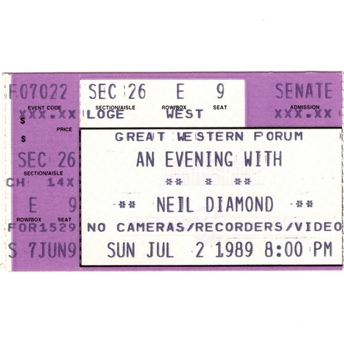 NEIL DIAMOND Concert Ticket Stub LOS ANGELES CALIFORNIA 7/2/89 CRACKLIN ...