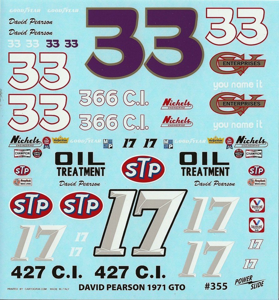 NASCAR DECAL #33 CV ENTERPRISES #17 STP 1971 PONTIAC GTO DAVID PEARSON ...