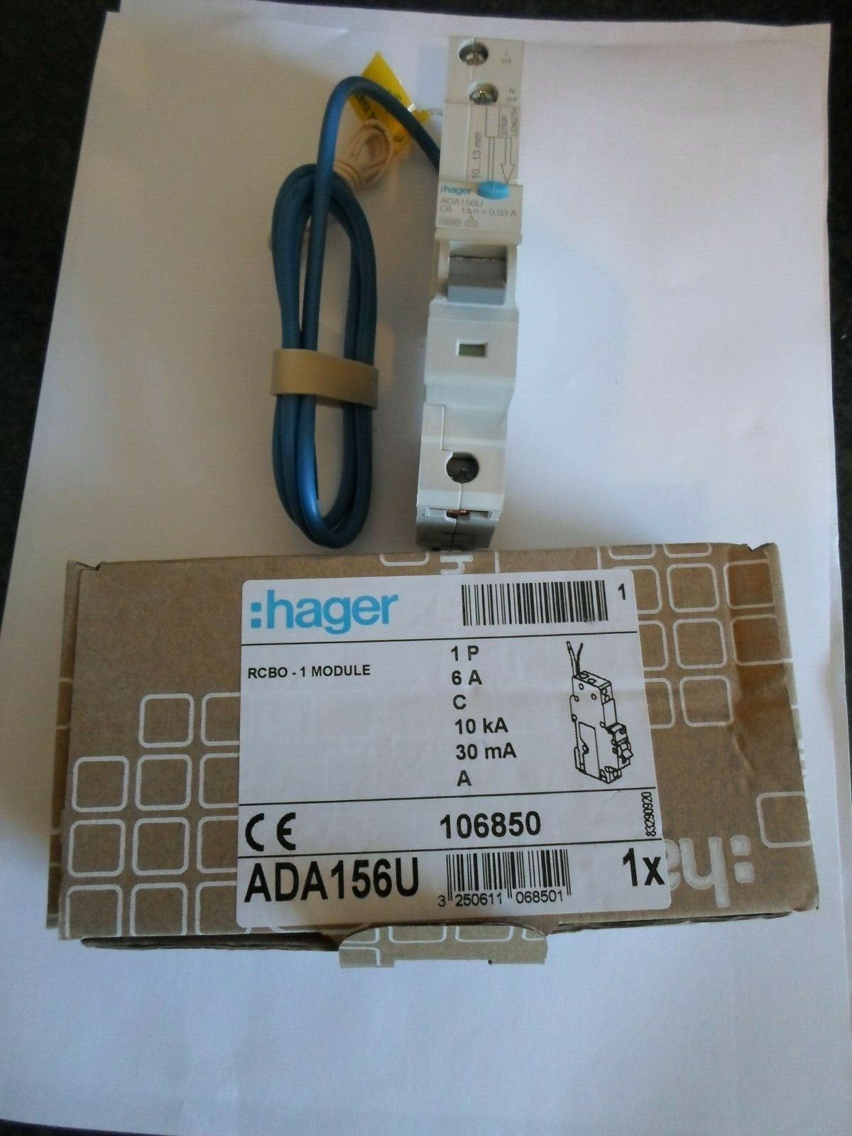 NEW HAGER C6 6 AMP 30mA ADA156U (106850) 10KA SINGLE POLE RCBO CIRCUIT ...