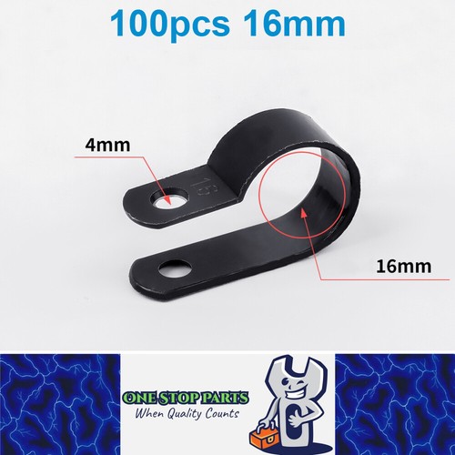100 X Black 16mm P Clamps Cable saddle clips R-Type Nylon Plastic ...