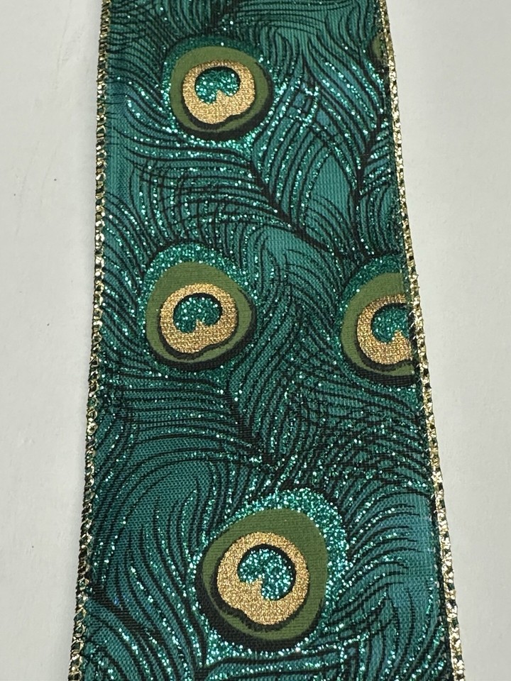 JULY SALE 6 Yards Turquoise/Blue Peacock Wired NEW RIBBON $3.50 Gold ...
