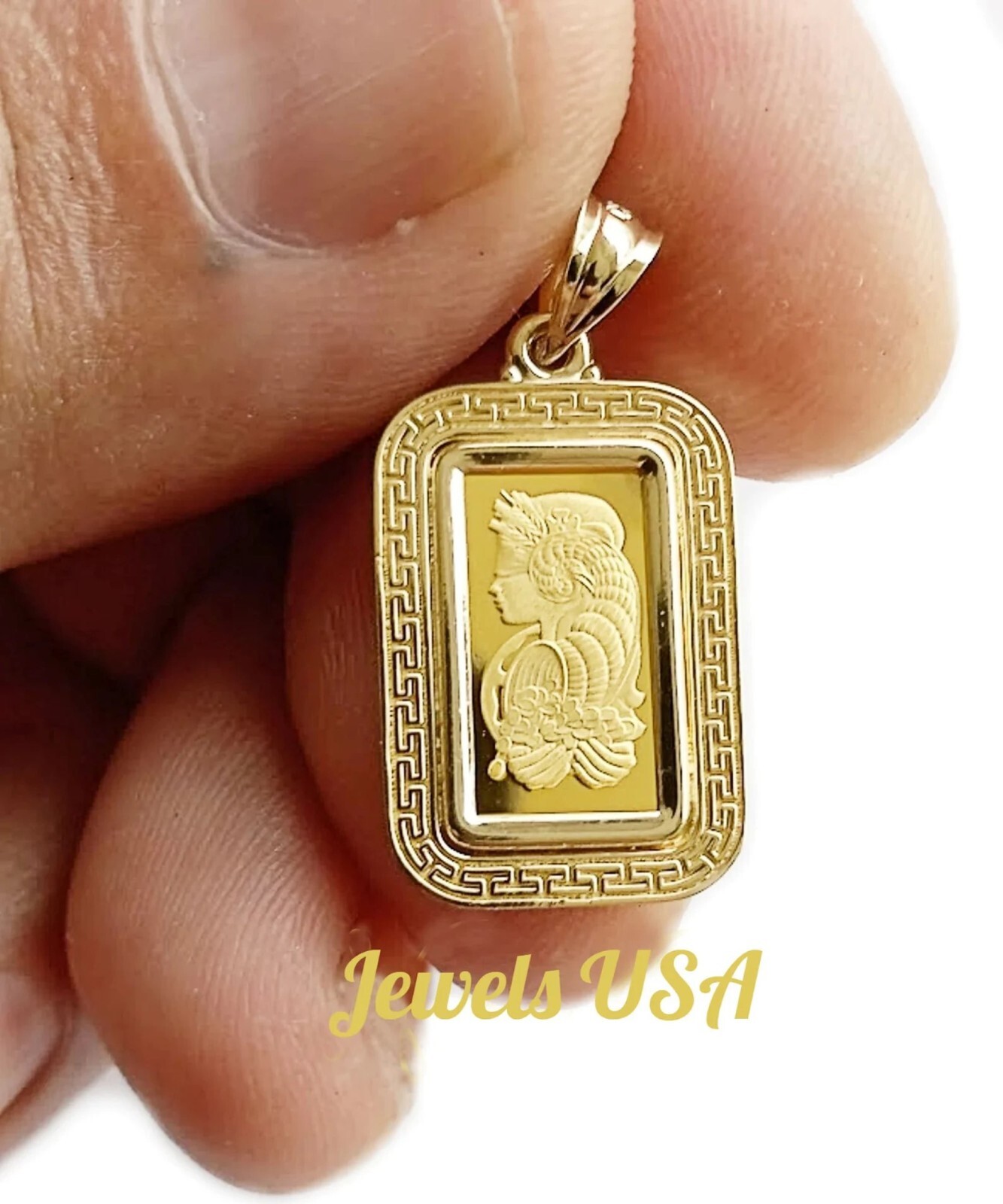 1 Gram Lady Fortuna Pendant Suisse Gold Bar Encased In Greek Key Design ...