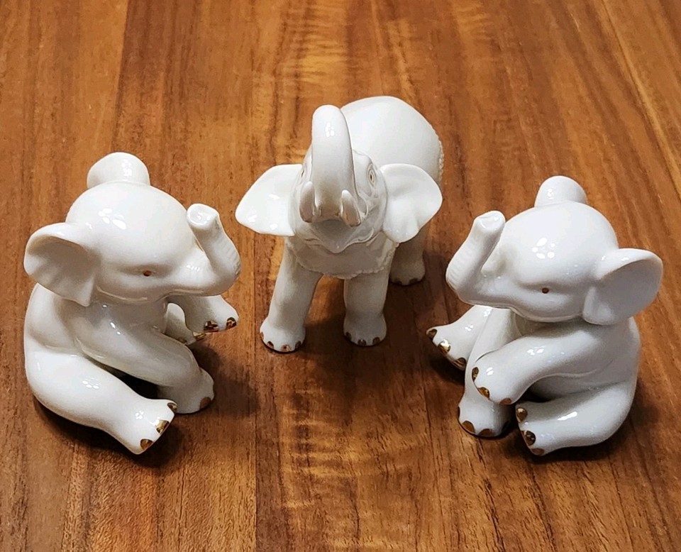 Set of 3 Lenox Porcelain Elephants with gold trim. Excellent Condition ...