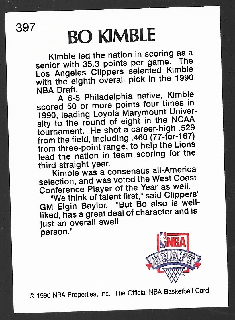 1990 1991 NBA Hoops Bo Kimble 397 Lottery Pick LA Clippers Basketball ...