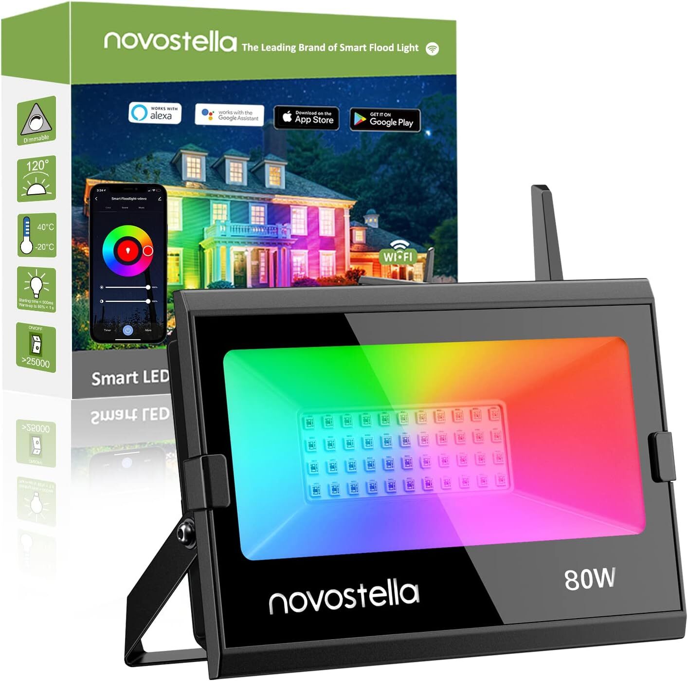 Novostella 80W Smart LED Flood Light RGB Outdoor Dimmable Color Stage ...
