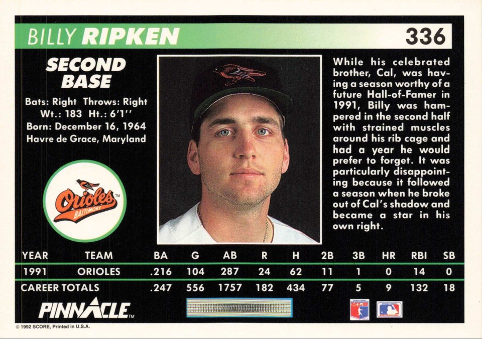 Billy Ripken #336 1992 Pinnacle Baltimore Orioles | eBay