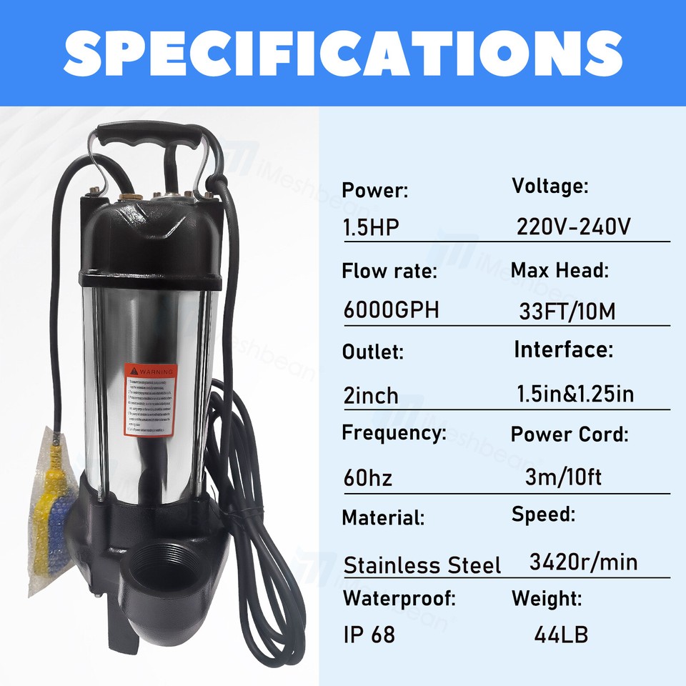 1.5HP Sewage Grinder Sump Pump W/Float Heavy Duty Stainless Steel 110V ...