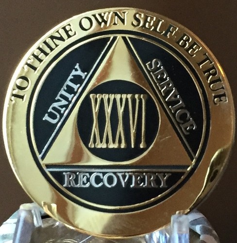 36 Year AA Medallion Black Gold Plated Bi-Plate Alcoholics Anonymous ...