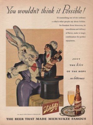 1945 SCHLITZ BEER ALCOHOL RABBIT MAGIC TRICK HAT MILWAUKEE BOTTLE ...