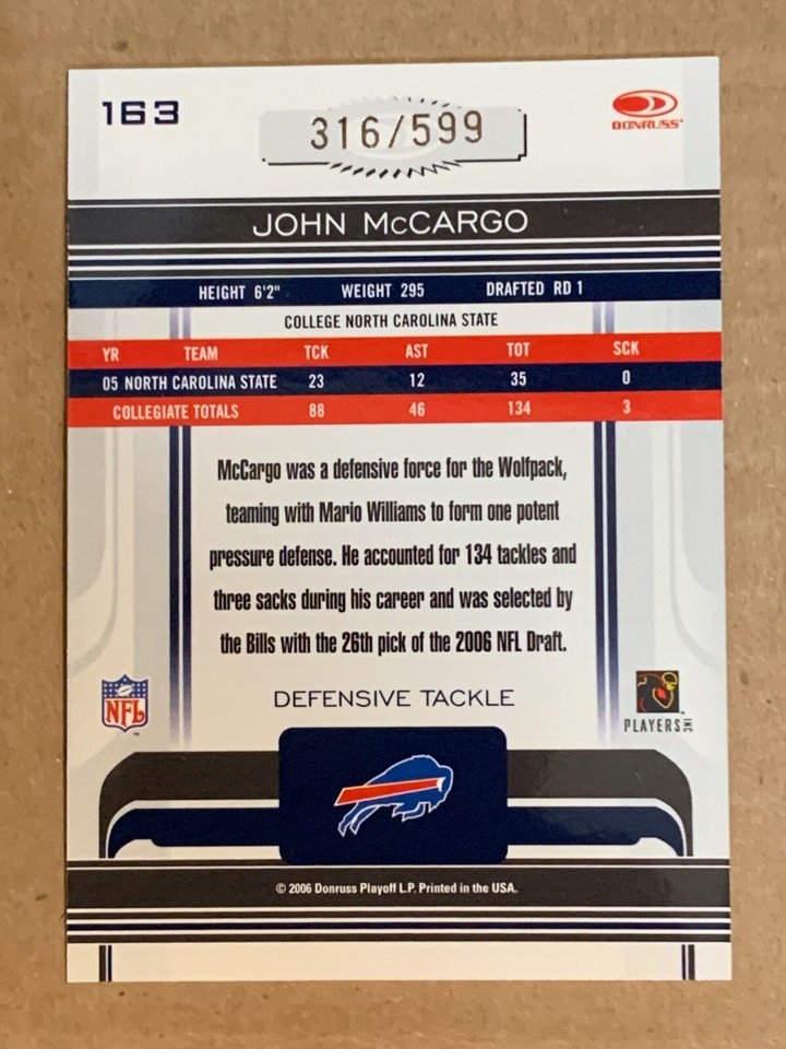 2006 Donruss Gridiron Gear Rookie John McCargo 163. SP #d/599. Bills | eBay