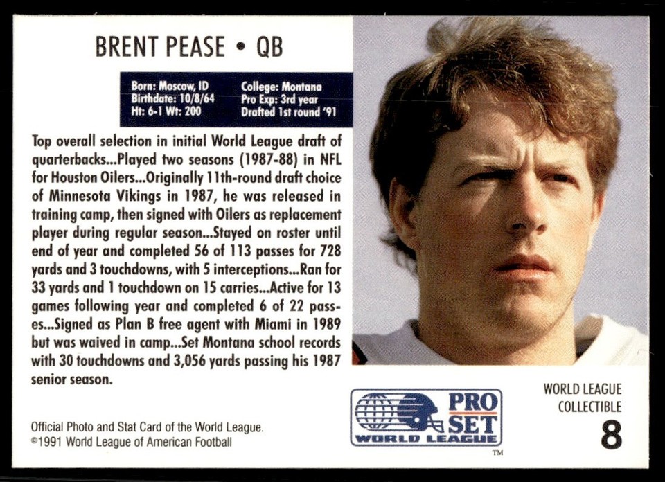 1991 Pro Set WLAF World Bowl Combo Brent Pease Birmingham Fire #8 | eBay