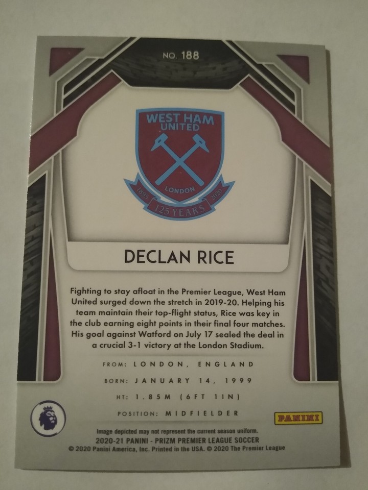 2020-21 DECLAN RICE PANINI PRIZM SOCCER CARD #188 WEST HAM UNITED ...