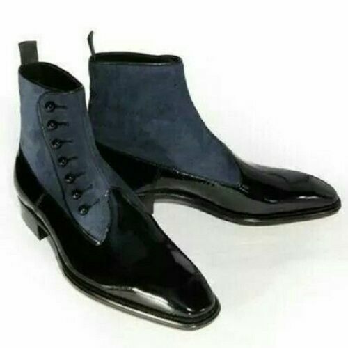 Handmade Men two tone button boots, Men black patent and navy color ...