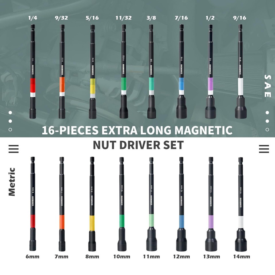 Magnetic Nut Driver Set 16PCS Long Nut Driver Set 6 Inches SAE & Metric ...