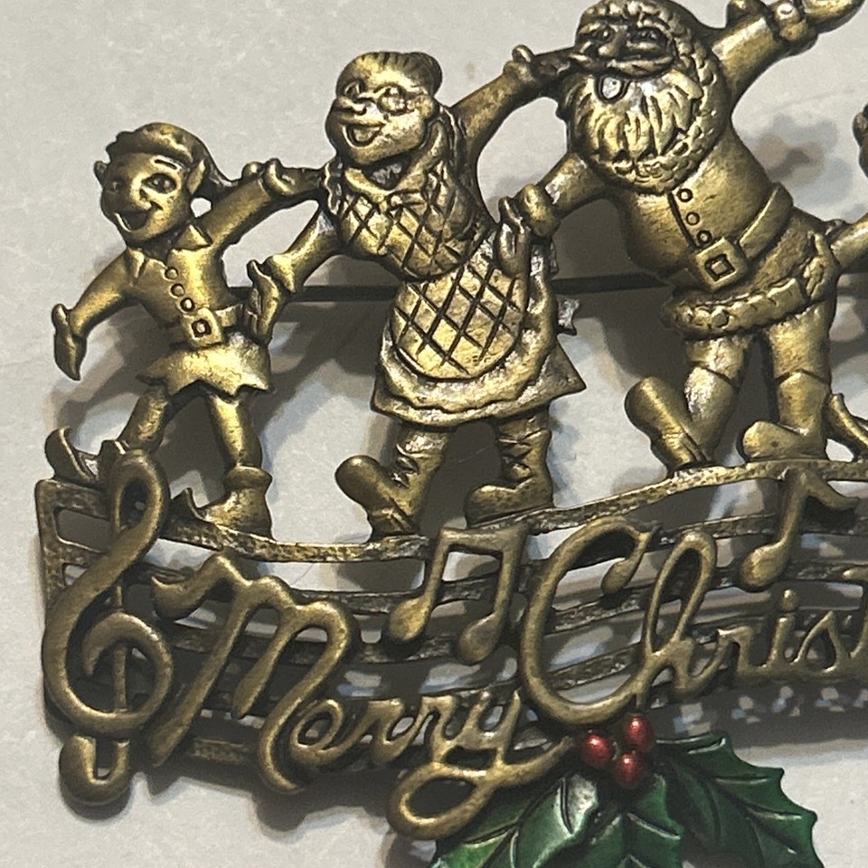 Vintage JJ Jonette Merry Christmas Brooch Pin Enamel Brass Tone Claus ...