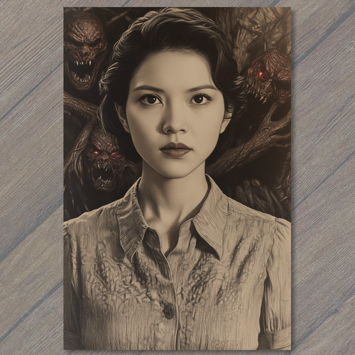 POSTCARD Calm Woman Surrounded by Demons Sepia Horror Gothic Fear ...