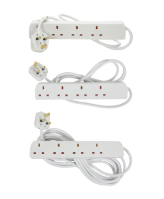 White 4 Gang Extension Lead Various Lengths 1,2 & 5m 13A UK Plug Wall ...