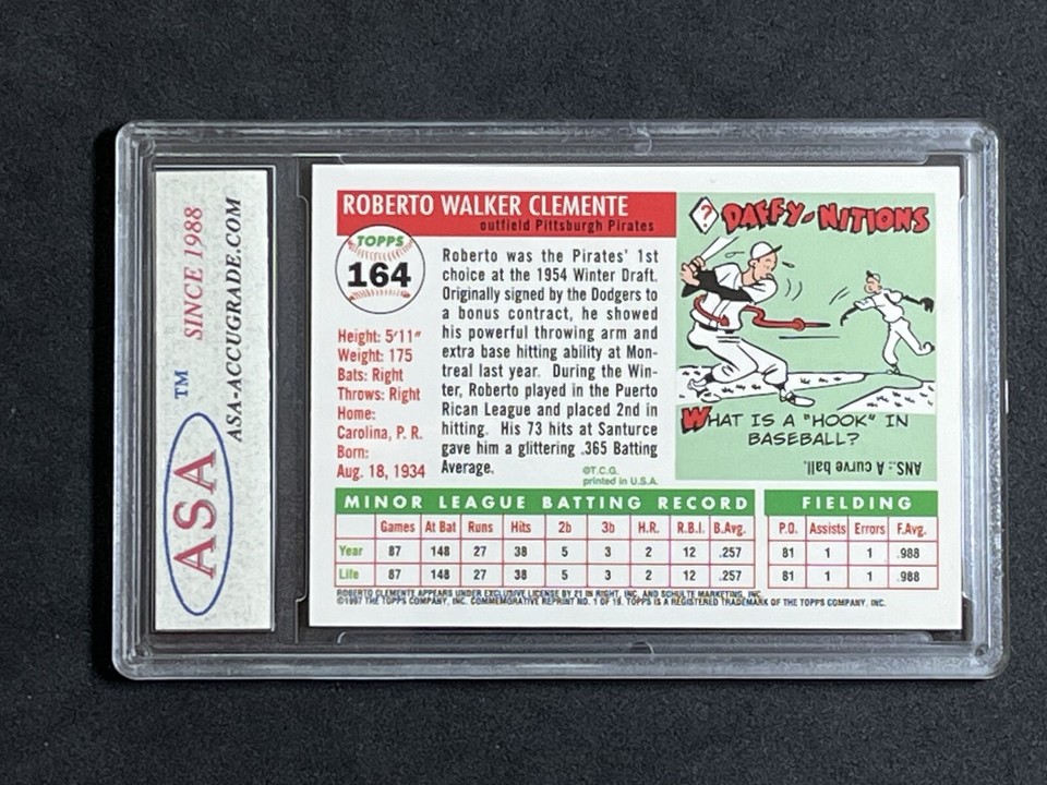 1997 TOPPS #1 1955 ROBERTO CLEMENTE ROOKIE CARD REPRINT #164 ASA 10 GEM ...