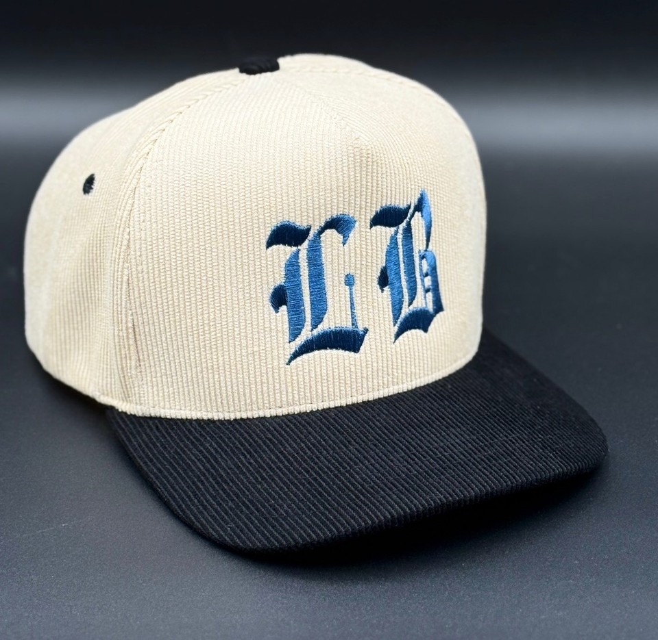 Hat Long Beach OLD ENGLISH Cream Snapback Corduroy Cap LB Headwear Hip ...